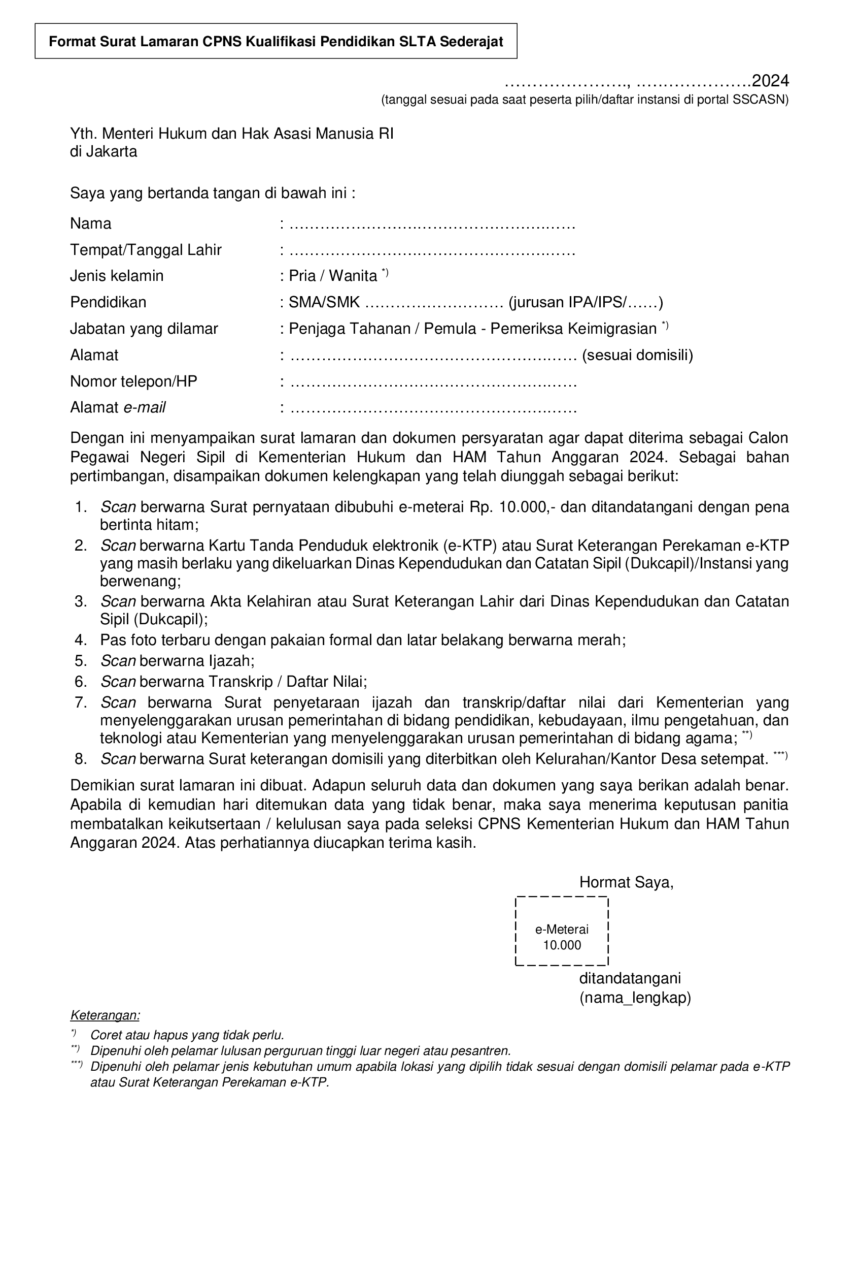 Resmi, Contoh Surat Lamaran CPNS Kemenkumham 2024!